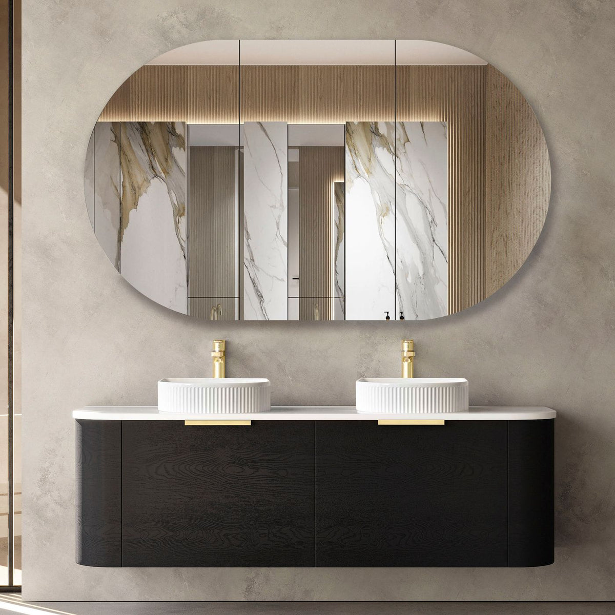 Bondi 1500mm Black Oak Wall Hung Curve Vanity – Ava Home Interiors